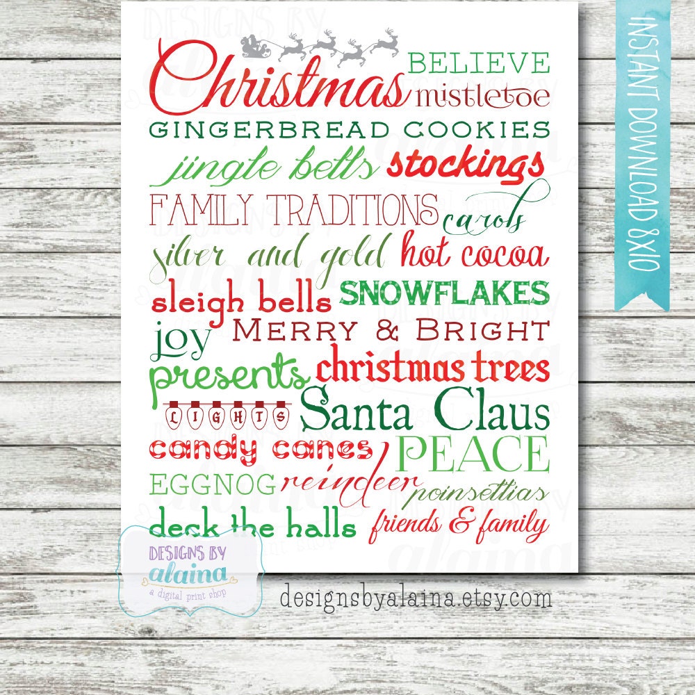 8x10 Christmas Subway Word Art Decor / Red / Green