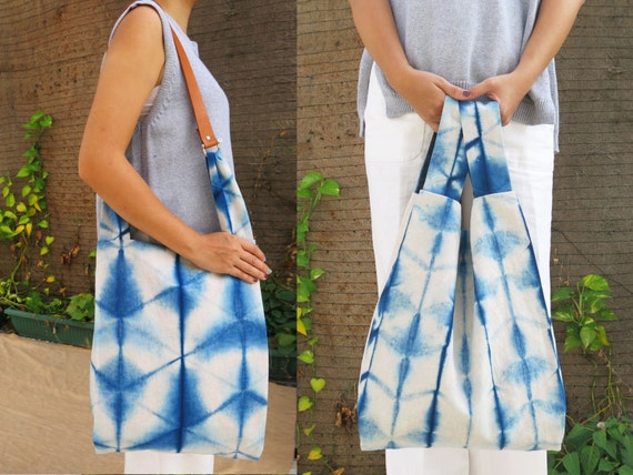 Items similar to Natural Indigo Tote/ Sling Bag with Leather Strap (2 ...