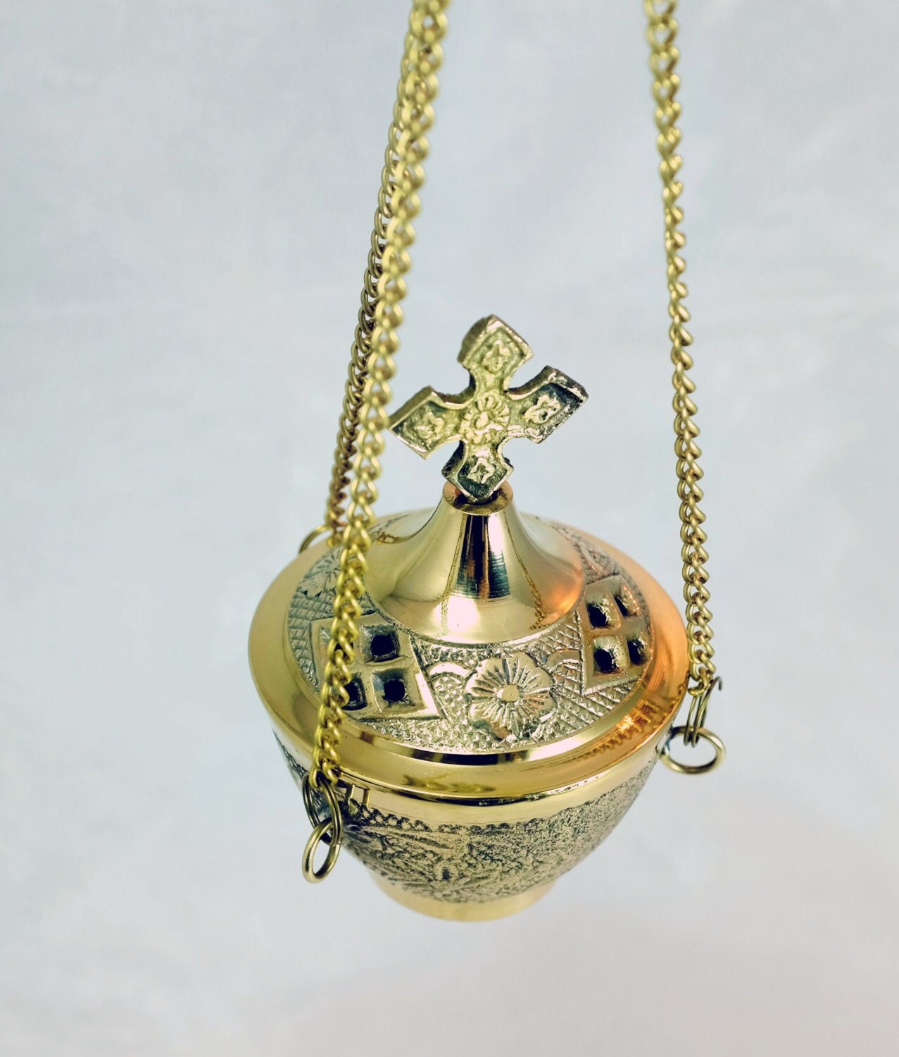Hanging Brass Metal Incense Burner with a Cross in Golden
