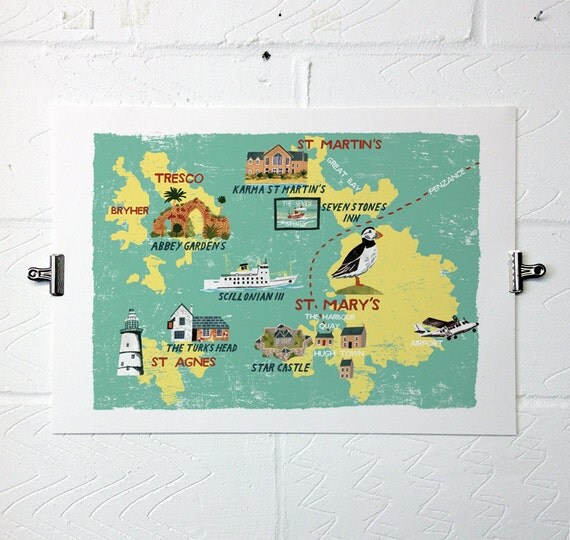 Isles of Scilly Illustrated Map A3 Print by CoastalMaps on Etsy