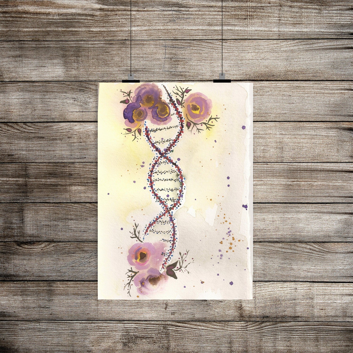 Digital Download Watercolor DNA strand with Flowers Instant