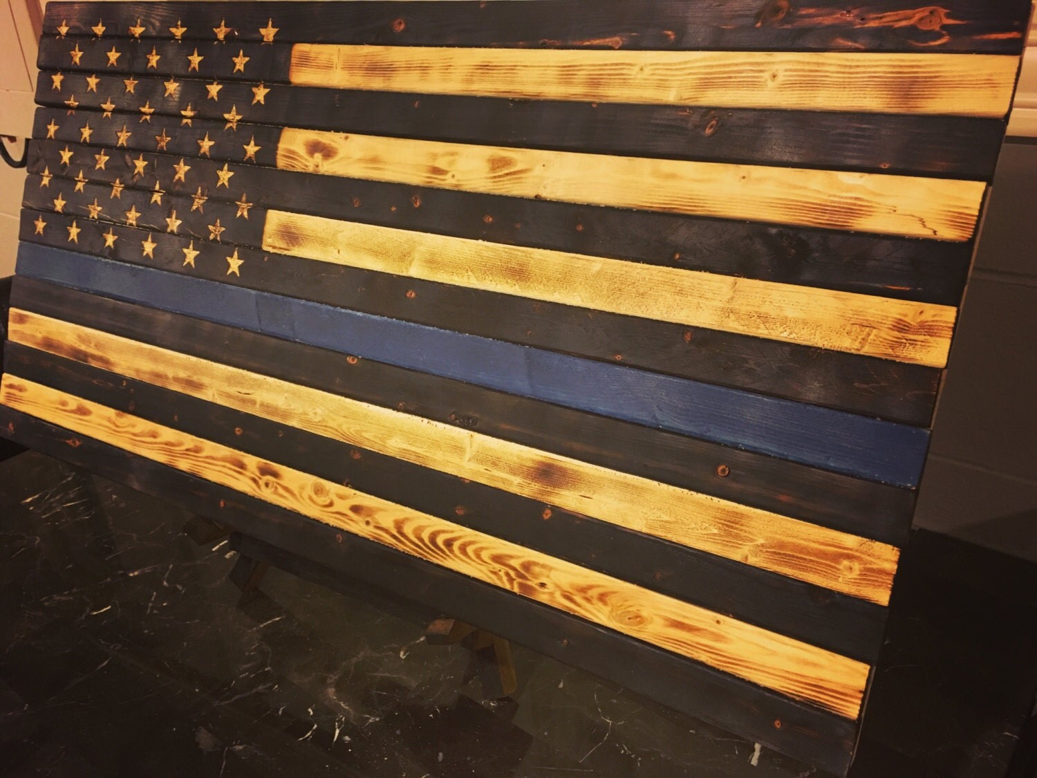 Thin blue line burnt wood flag