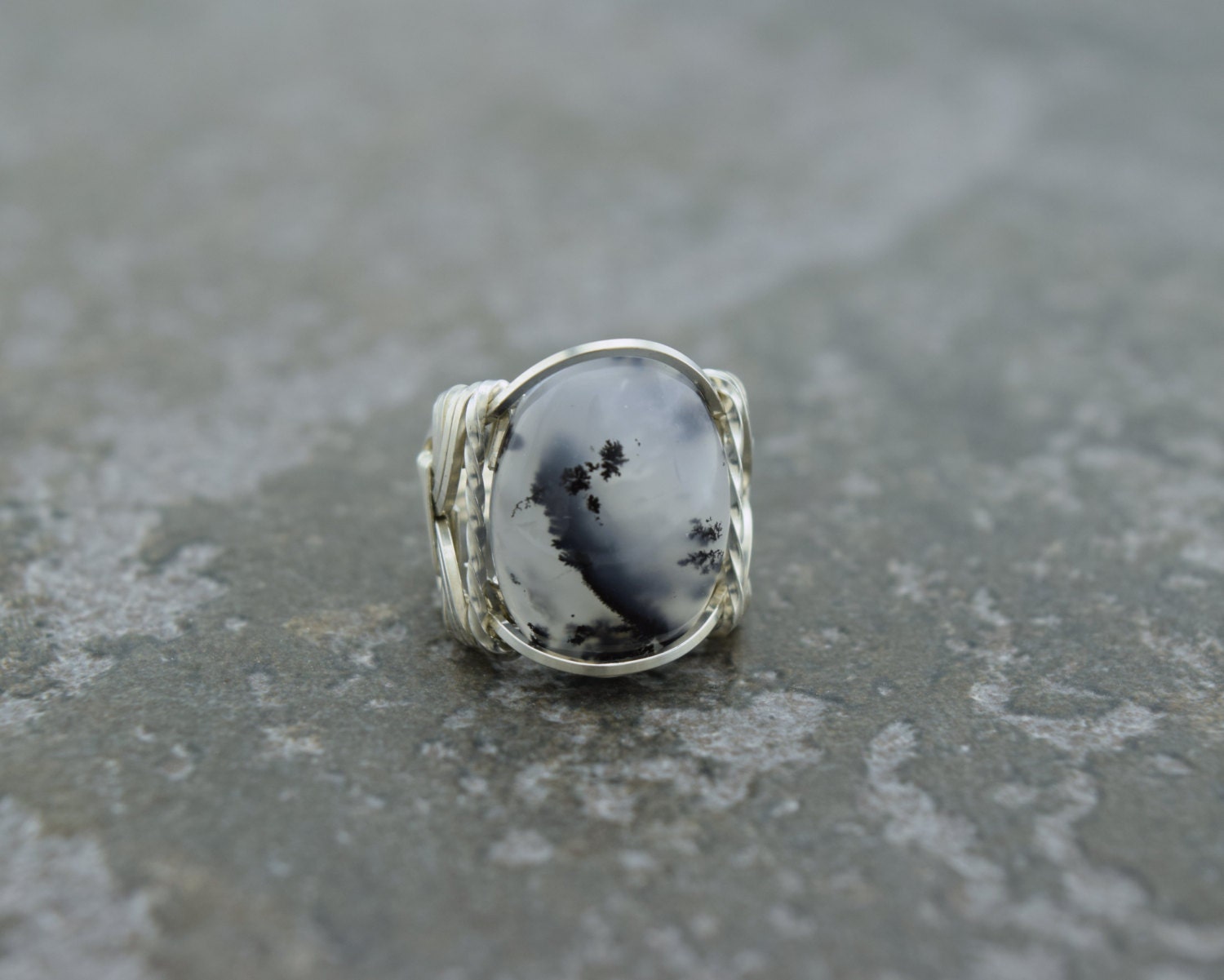 Sterling Silver Merlinite or Dendritic Agate Wire Wrapped Ring