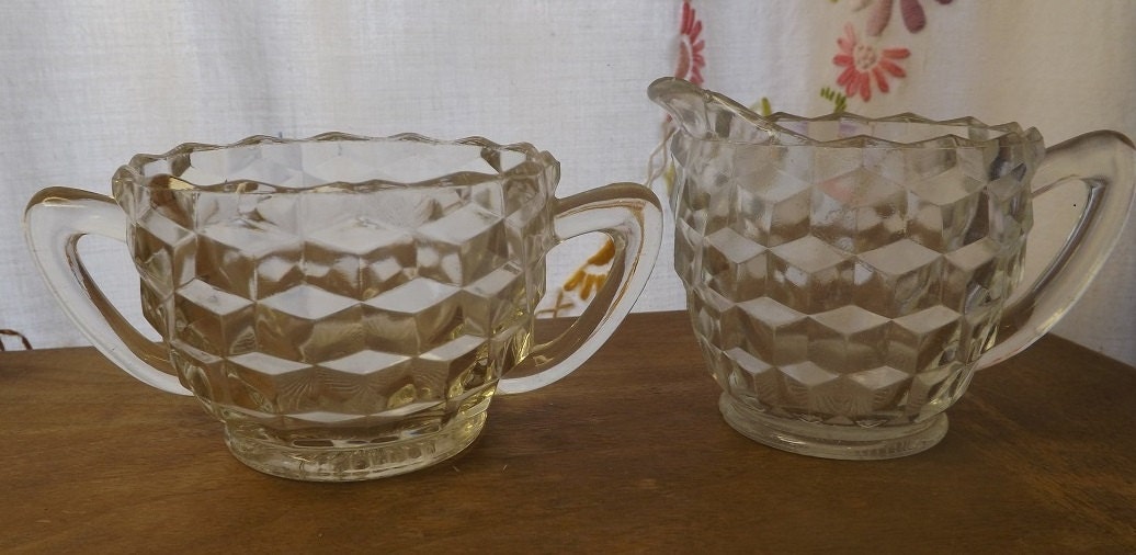 Vintage Jeannette Glass Cube Pattern Depression Glass Creamer and Sugar ...
