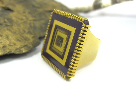 Gold computer chip Ring Adjustable Wearable tech Rectangle