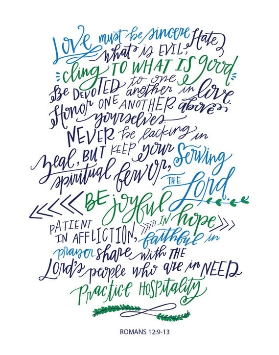 Romans 12:9-13 Hand-lettered Art Print Instant Digital
