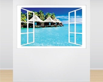 Tropical beach wall sticker 3D window boat wall decal for