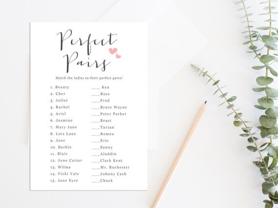 Printable Bridal Shower Game Perfect Pairs Game Match the