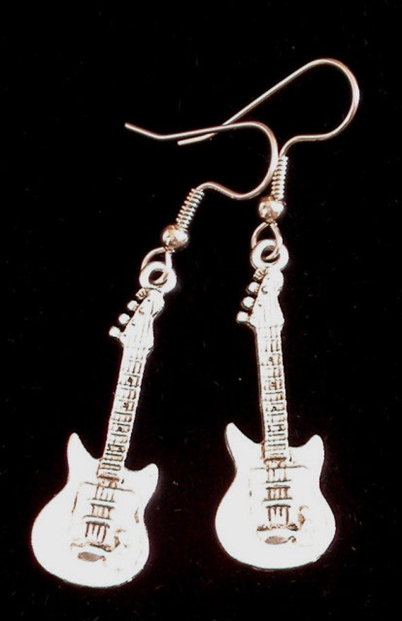 Electric Guitar Earrings Rock Band Oxidized Matt Silver Rock