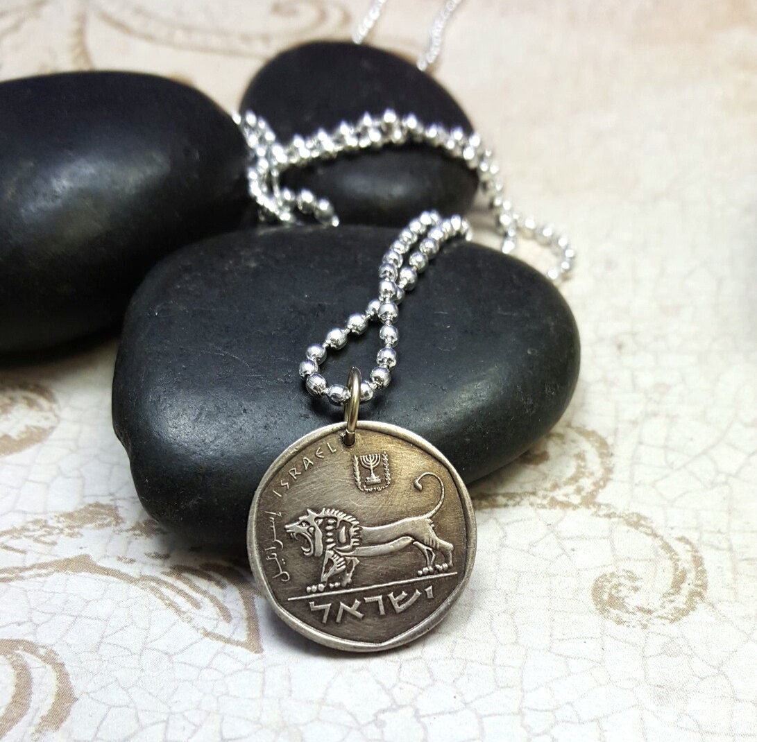 Coin Jewelry Vintage Israel COIN NECKLACE with roaring Lion