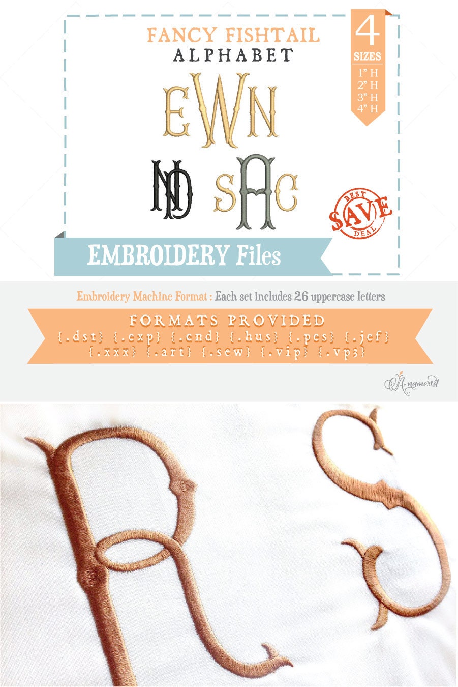 4 sizes Fancy Fishtail Embroidery Font/Alphabet / by Anamored
