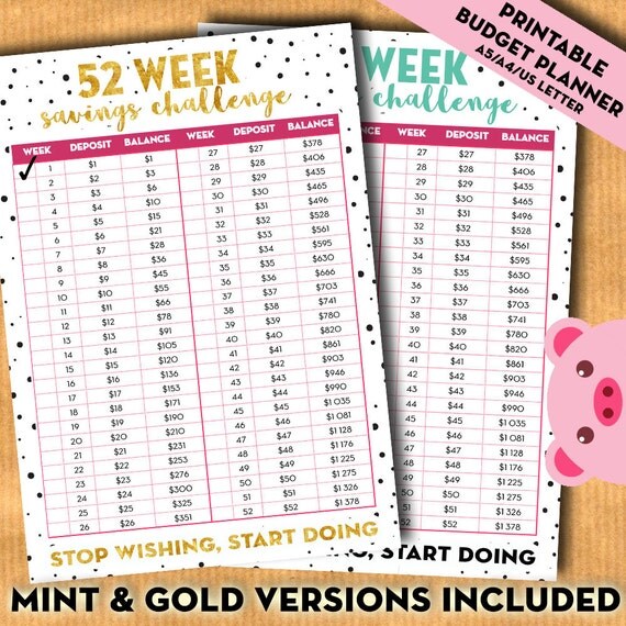 52 week Savings challenge Budget planner inserts financial