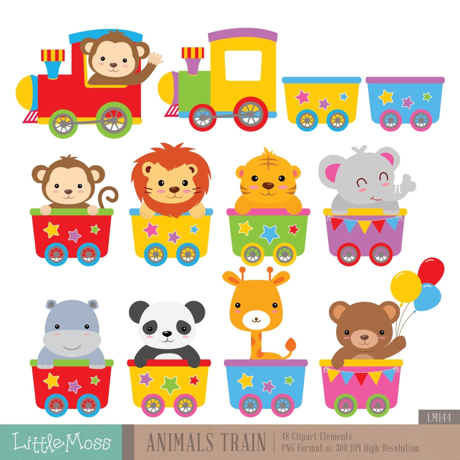 Wild Animals Train Digital Clipart