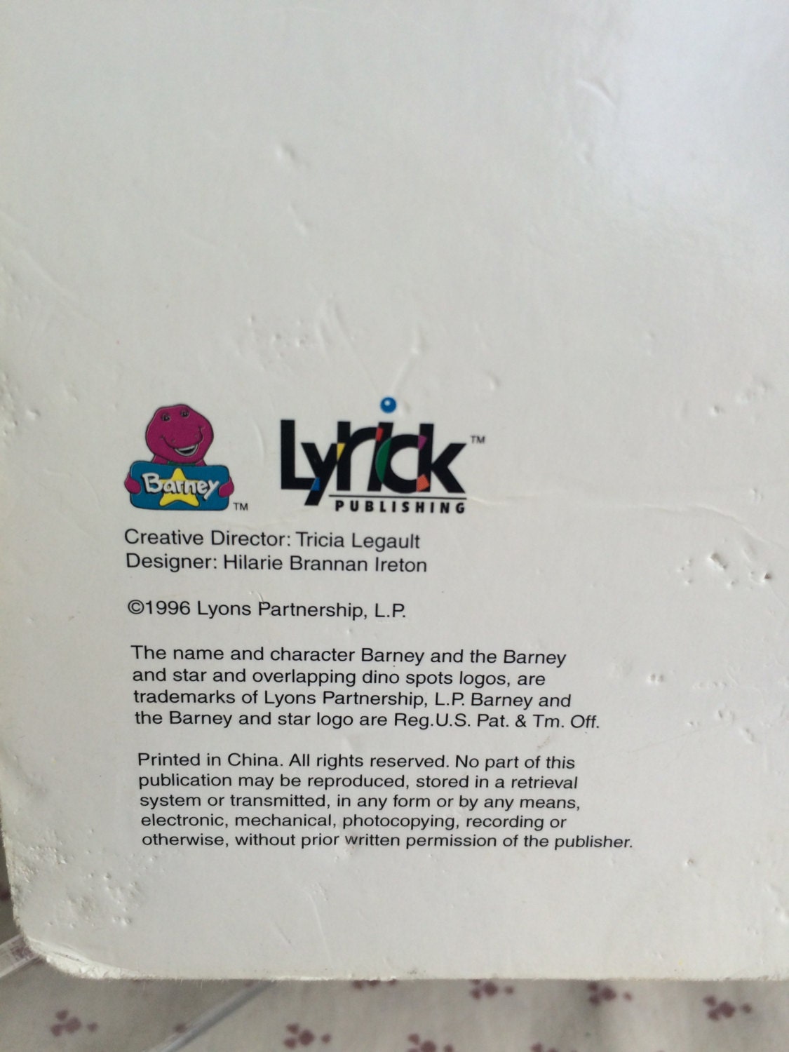 1996 Barney Plays Nose to Toes Barney Story Book Barney