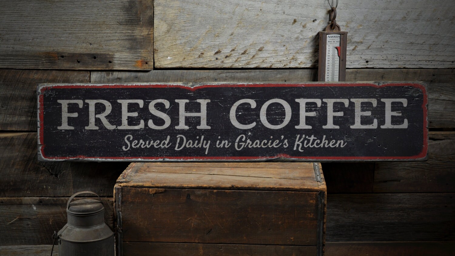 Fresh Coffee Wood Sign Served Daily In Kitchen Owner Name