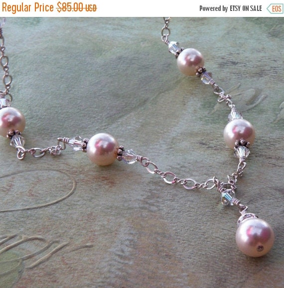Pink Pearl Necklace Sterling Silver Swarovski Pearl by fineheart