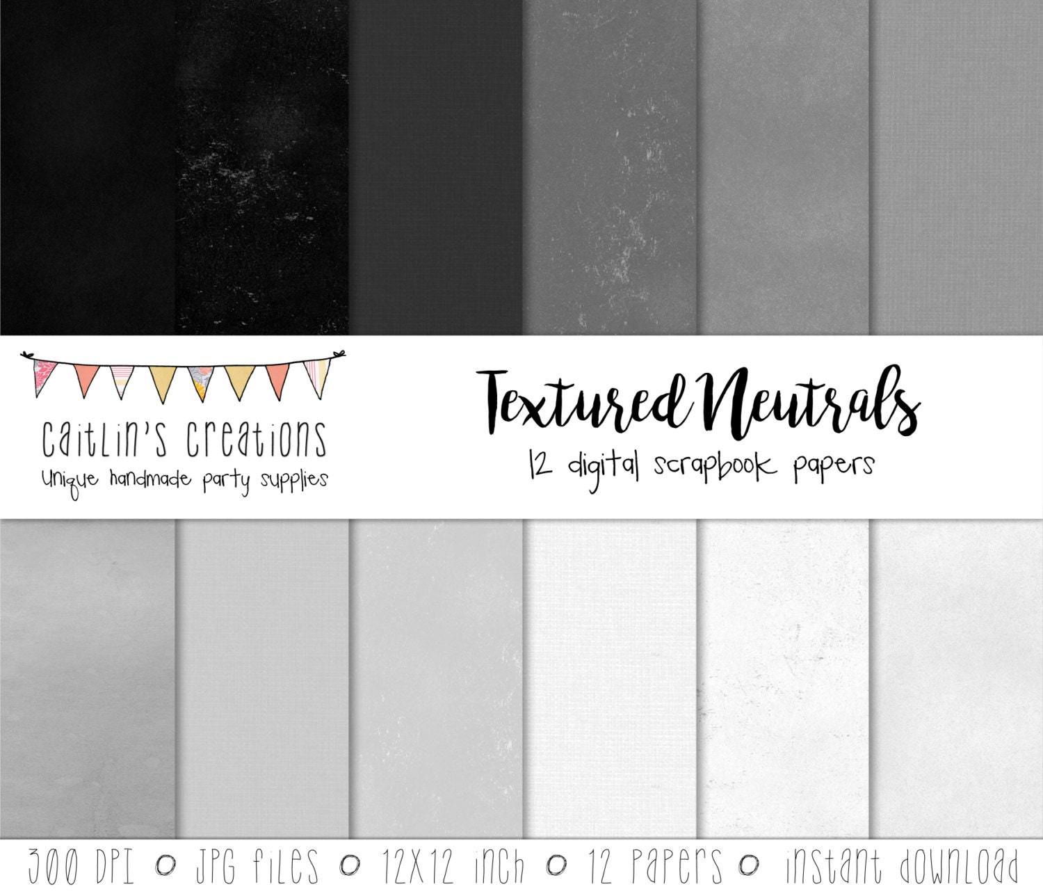 Textured Neutrals Digital Papers 12 Papers 12x12 Black