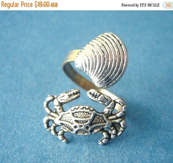 crab ring with a shell wrap style, adjustable ring, animal ring, silver ...