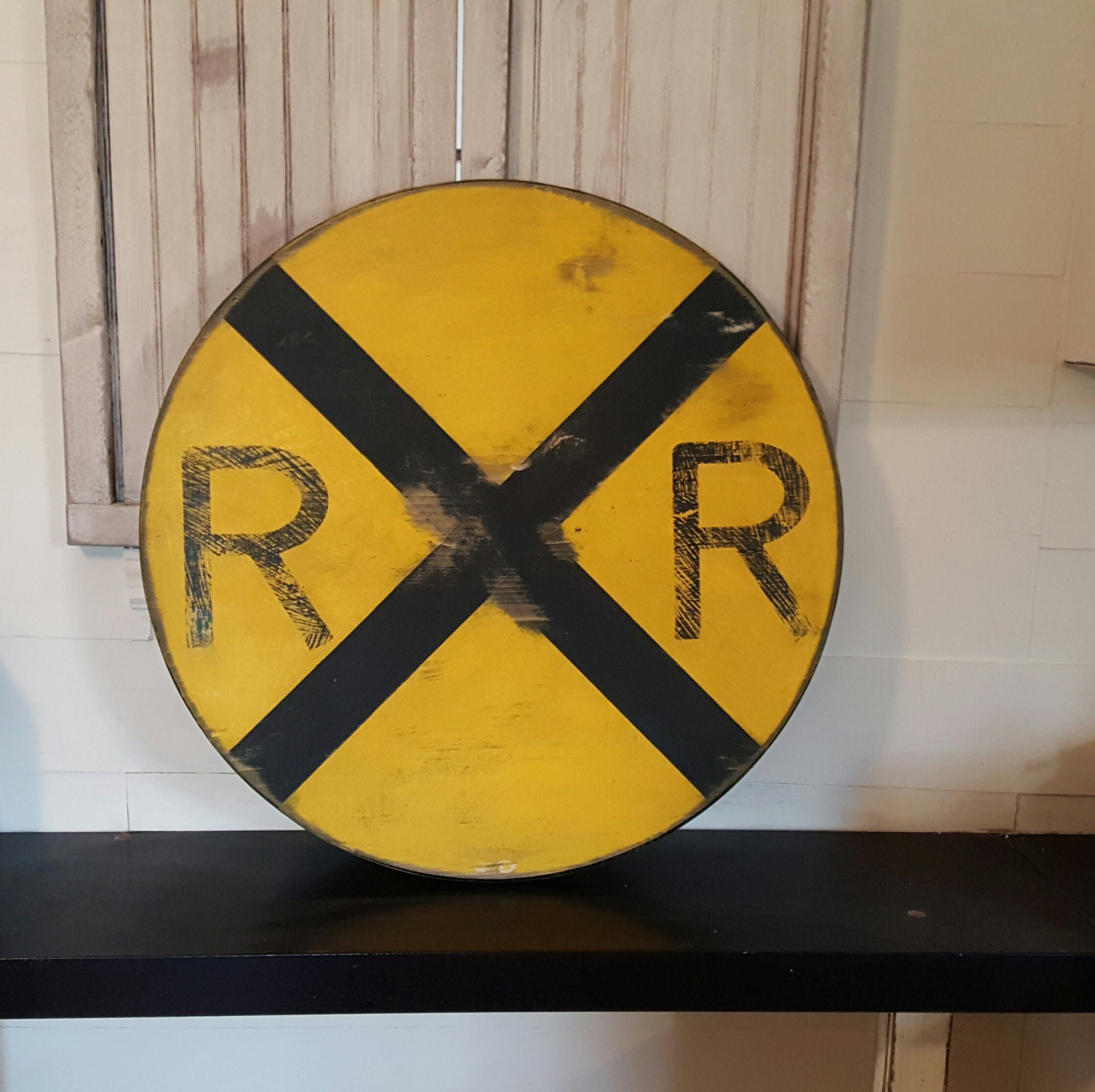 Distressed Vintage look yellow Railroad Crossing