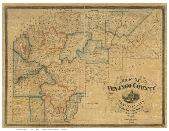 Venango County Pennsylvania ca. 1857 Wall Map with by Oldmap