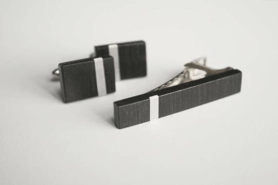 Wooden Tie Clip and Cuff Link Set Ebony and Aluminium Black