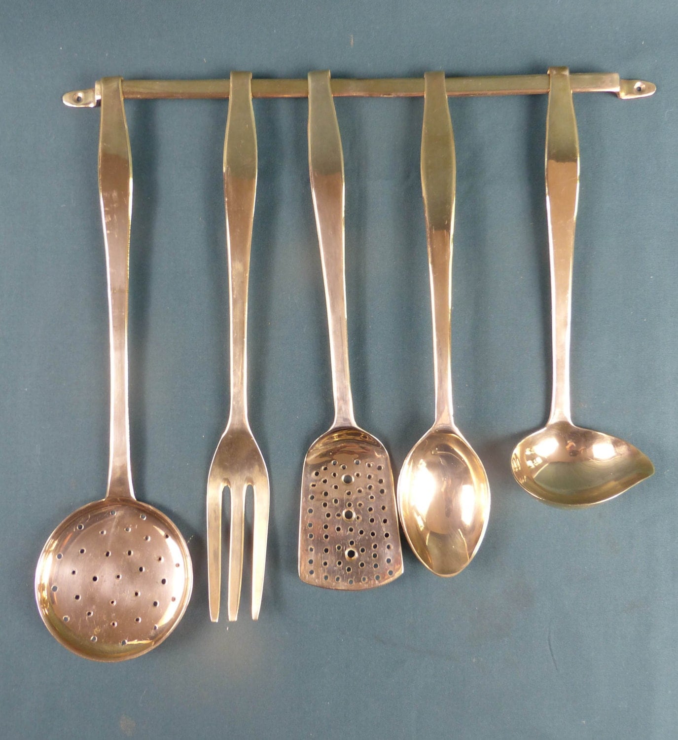 Brass kitchen implement utensil set with hanging rack. Vintage ...