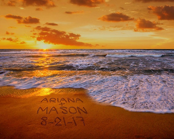 Romantic Sunset Beach Decor Names in Sand Personalized Wedding