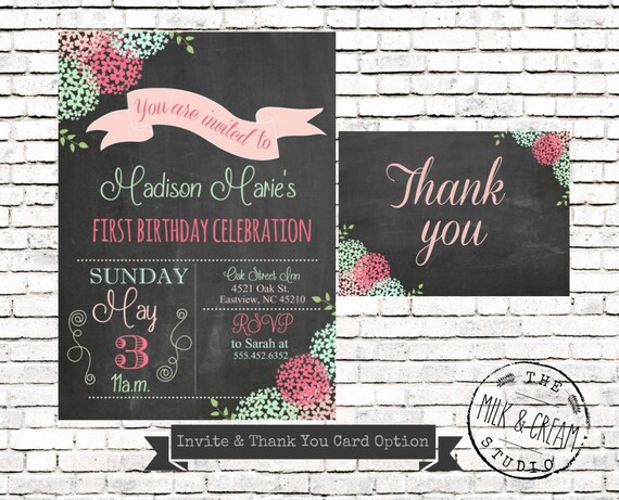 Chalkboard Shabby Chic Birthday Invite Girls Birthday
