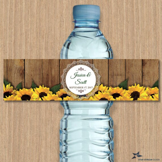 Rustic Watercolor Sunflower and Lace Water Bottle Labels; Five 8"x2 ...