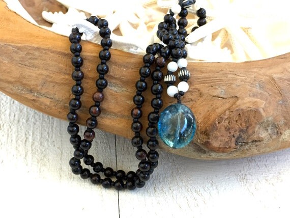 Blue Quartz Mala Necklace Quartz Mala Beads Wood Mala