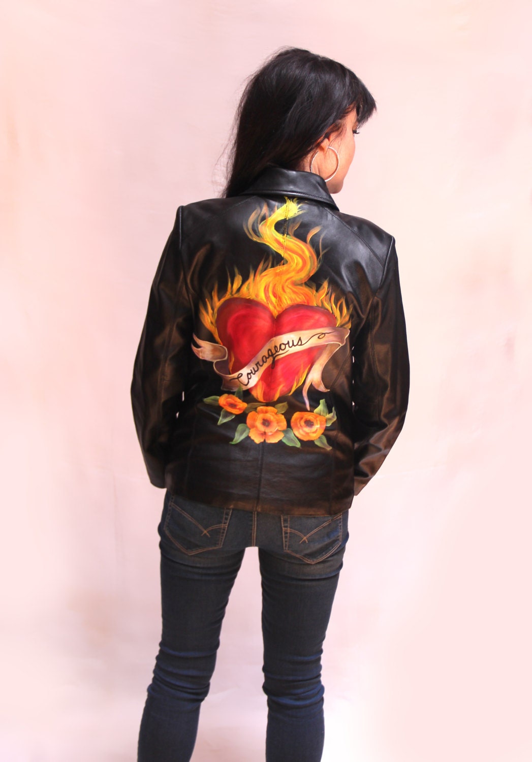 Hand Painted Leather Jacket Courageous Heart Aflame