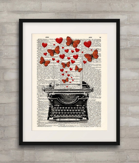 Typewriter illustration print Butterflies print Vintage book