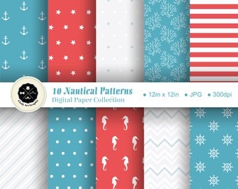 Vintage Nautical Patterns Digital Paper Anchor Marine navy