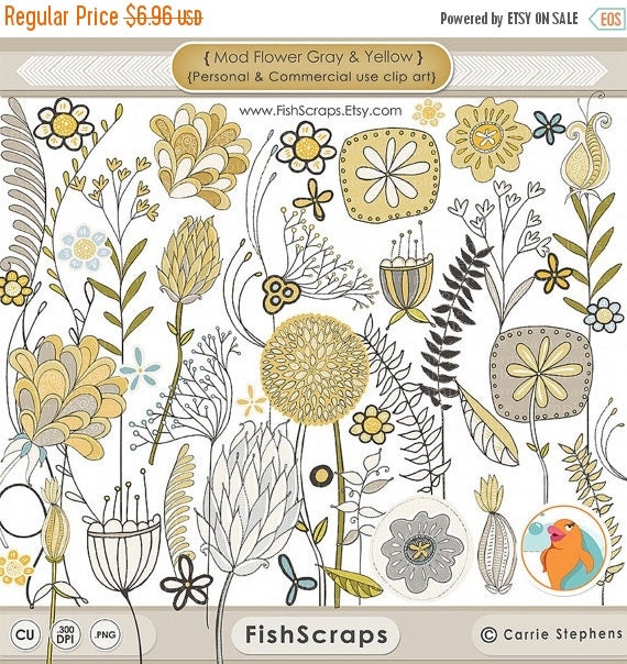 50% SALE Gray & Yellow Modern Flower Clip Art by FishScraps