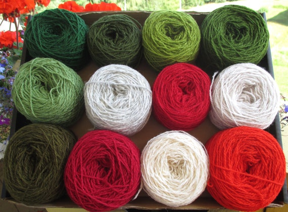 Wool yarn lot Christmas colors Green Red White Gray Box