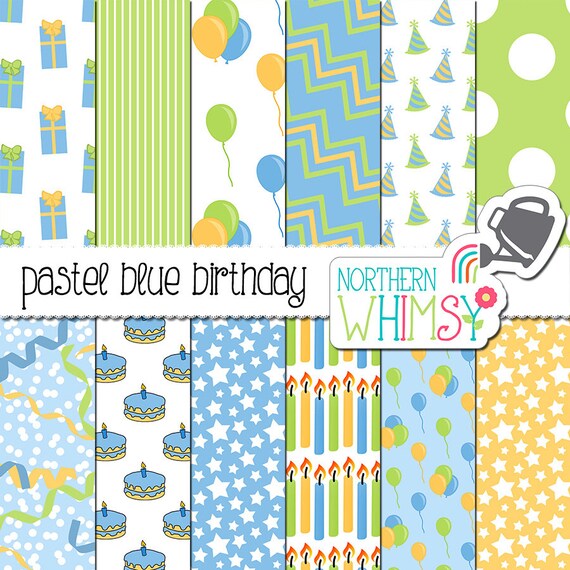 Items similar to Birthday Digital Paper Pack – pastel blue, yellow, and ...