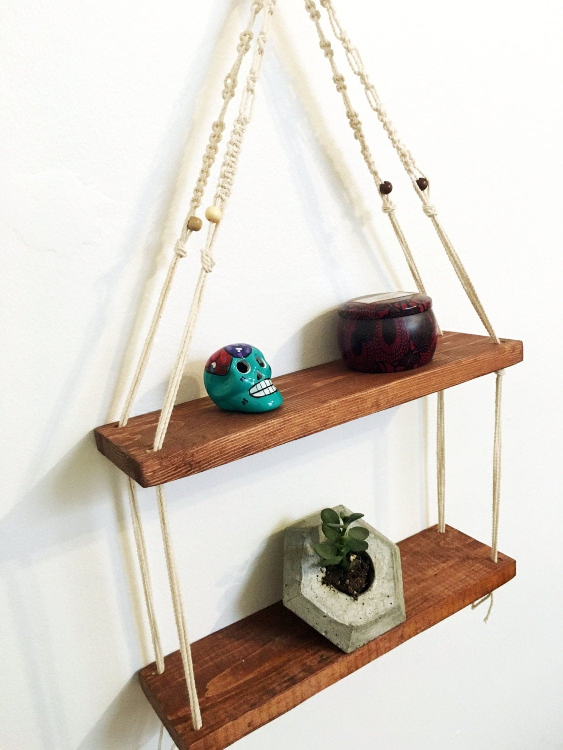 MACRAME HANGING SHELF: two tier / 2 colours / plant shelf