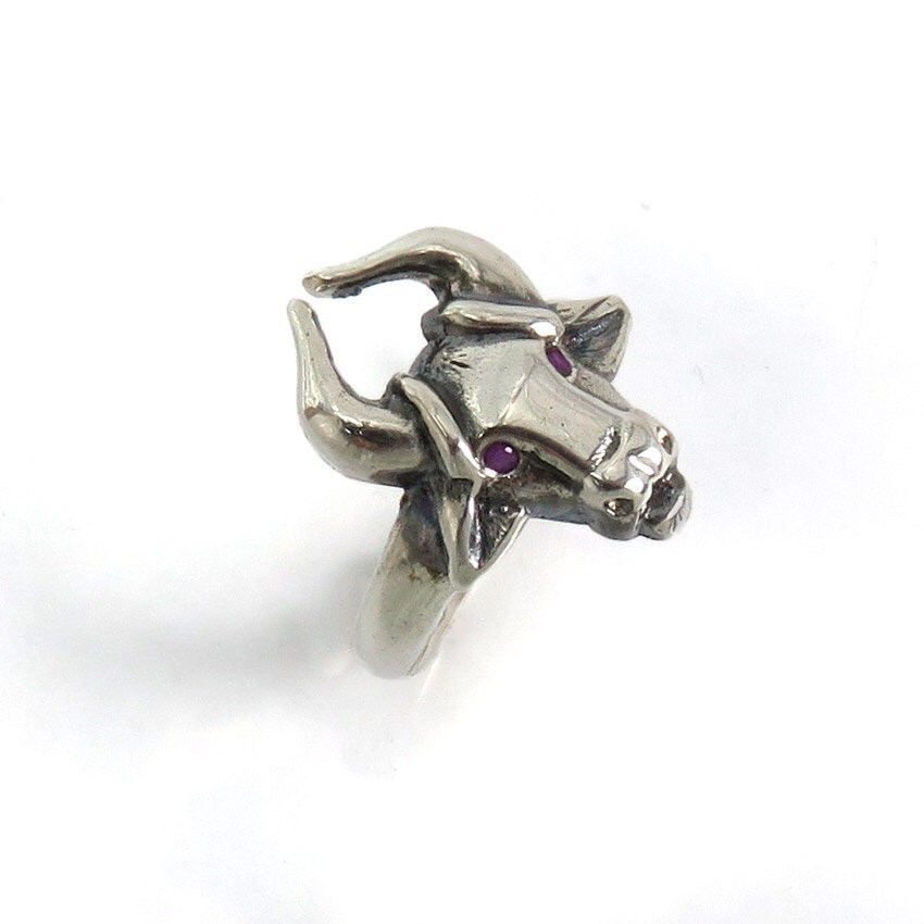 Taurus Ring with Amethyst Eyes Silver Ox Ring with by GeshaR