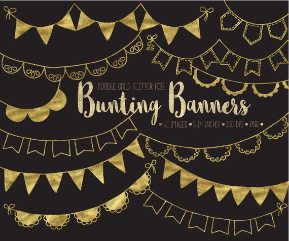 Gold Bunting Banner Clip Art. Gold Glitter Party Garland. Hand