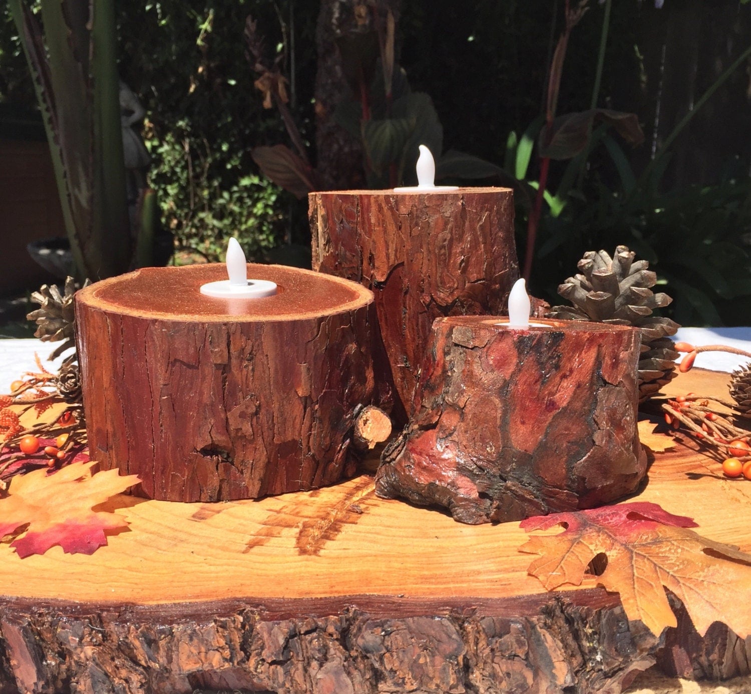 Metallic Copper Tree Stump Candle Holders 3 PC SET