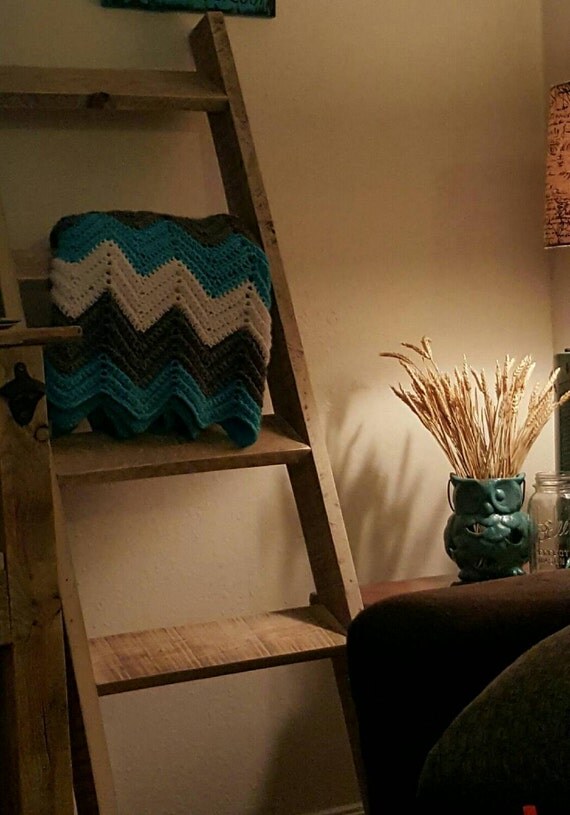 Rustic farmhouse-style quilt ladder reclaimed by AveryStDesignCo