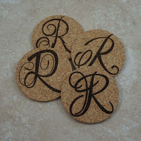 Monogram Initial Coasters Cork Coaster Set by ArcLightLaser