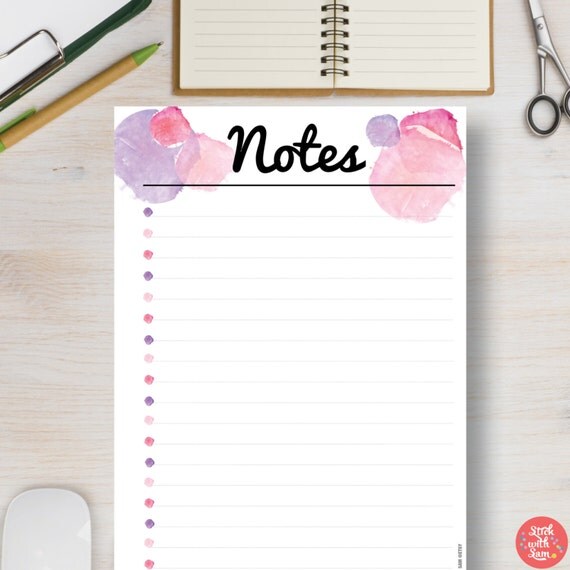A5 Insert Printable Planner Notes Insert Pink Watercolor
