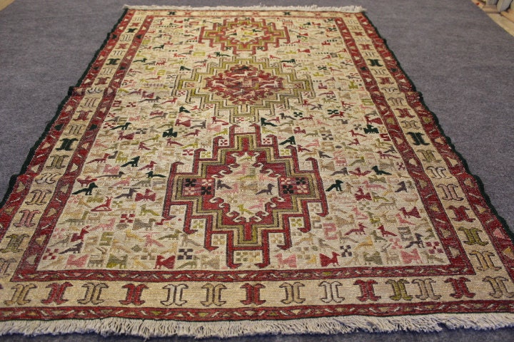 Vintage sumak kilim rug Silk sumak rooster by pinkvintagerugs