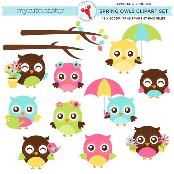 Spring Owls Clipart Set cute owls by mycutelobsterdesigns on Etsy