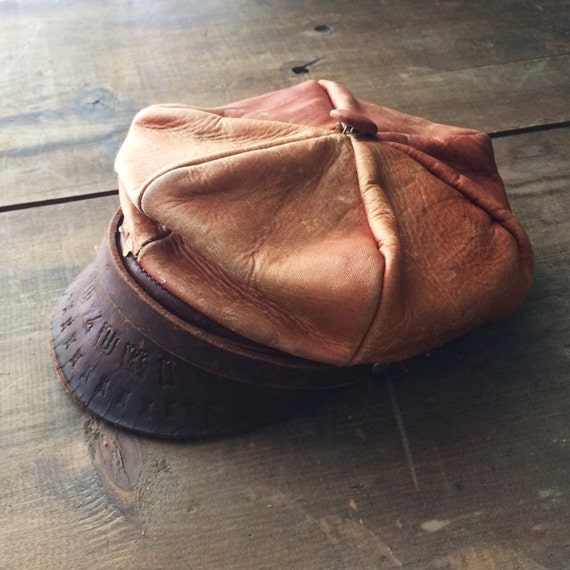 Vintage Men's Leather Motorcycle Hat Embossed Leather