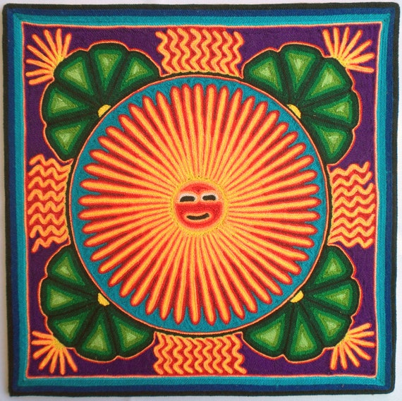 12 Mexican Huichol Sun and Peyote yarn painting