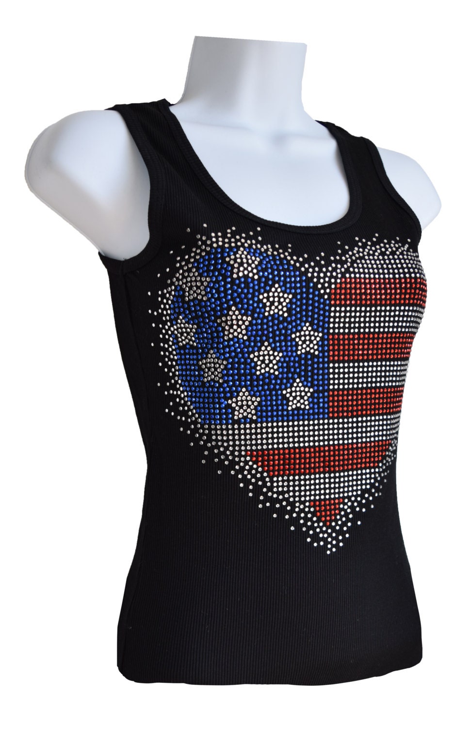 American flag Heart Rhinestone crystal Tank top Shirt Blacks