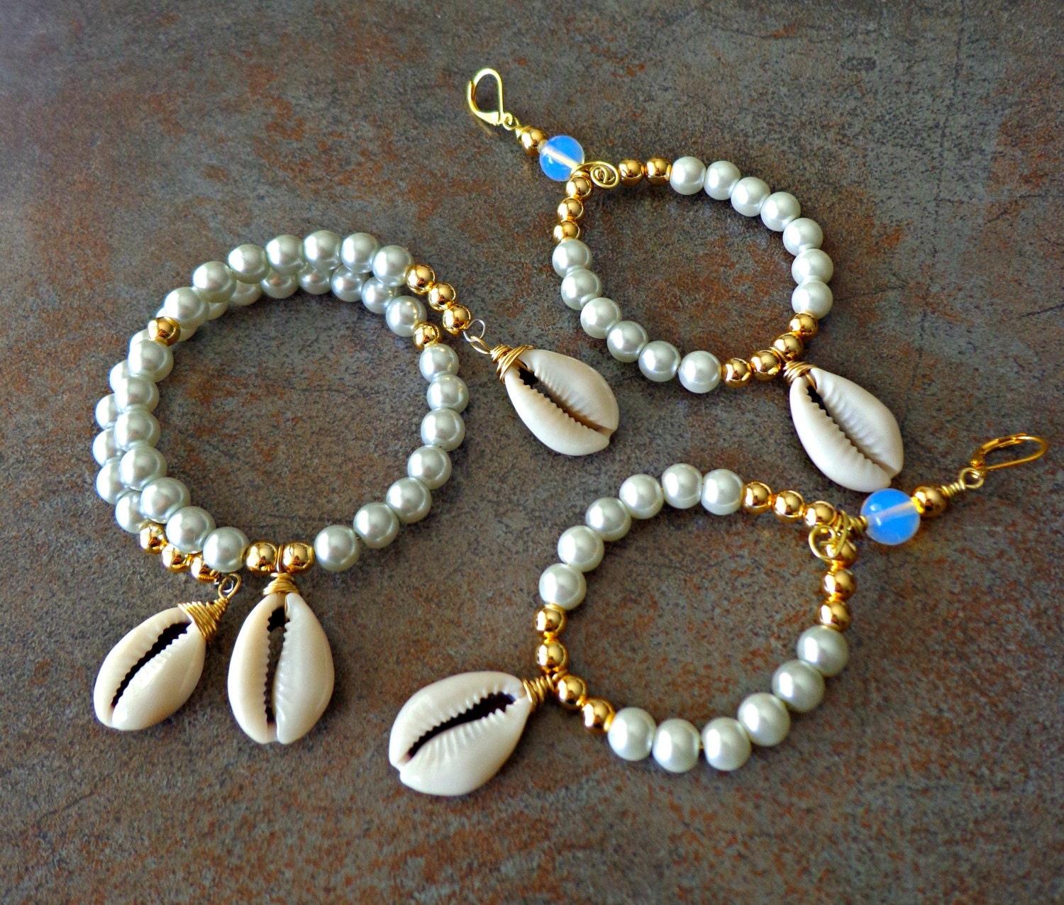 Cowrie Shell and Pearl Jewelry Set Pearl Beaded Necklace and