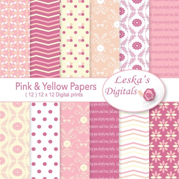 Pink and Yellow Digital Paper Scrapbooking Paper Pink and